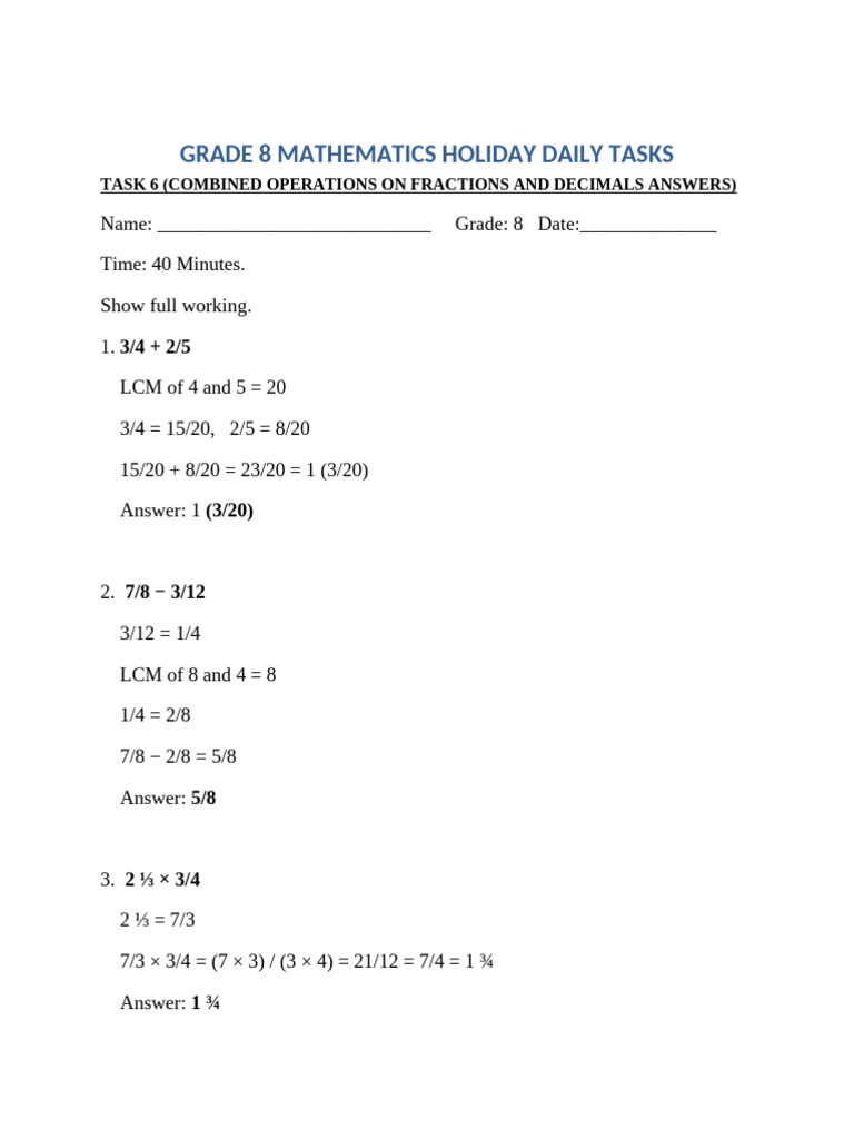 Grade 8 Combined Operations Tasks | PDF