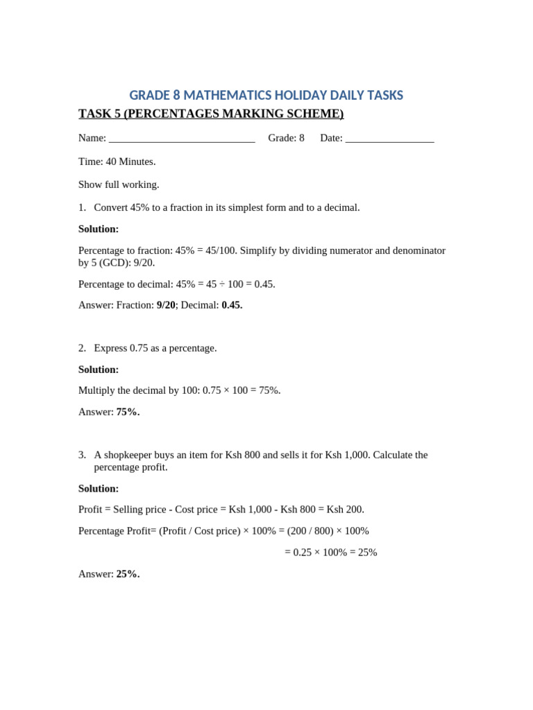 Grade 8 Percentages Task Solutions | PDF | Percentage | Arithmetic