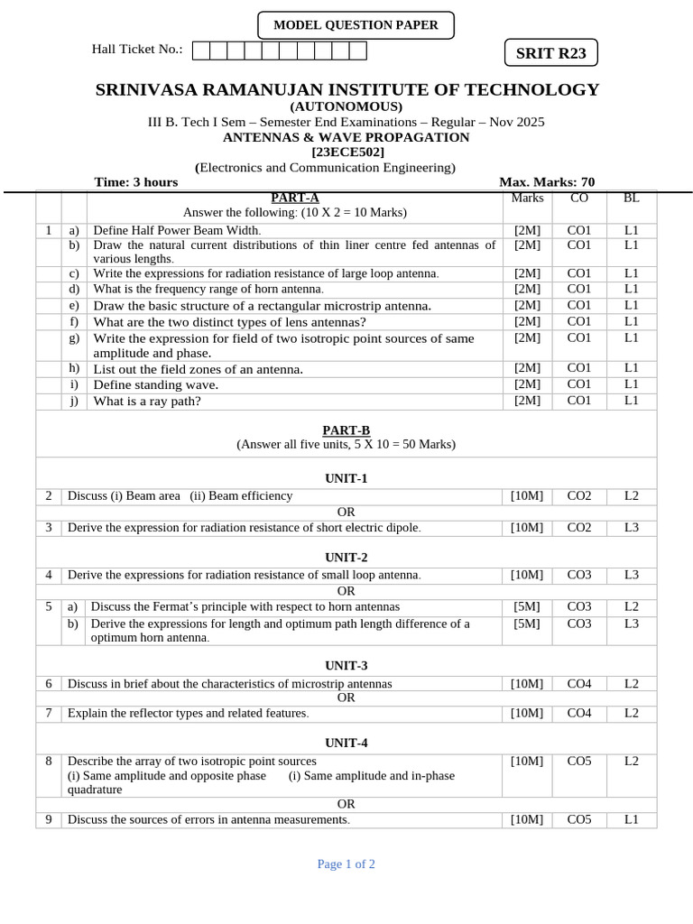 Awp Model Question Paper 3 - Srit r23 | PDF | Antenna (Radio) | Phase ...