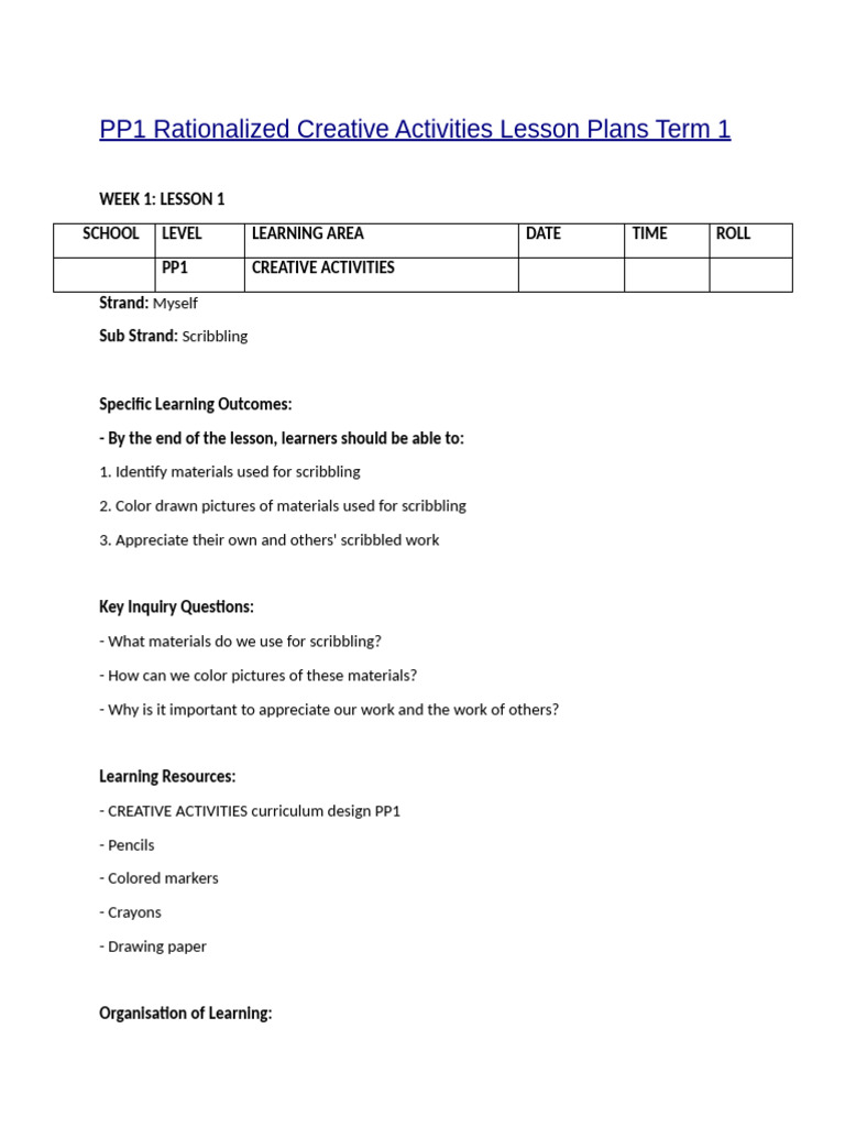 PP1 Rationalized Creative Activities Lesson Plans Term 1-1 | PDF ...
