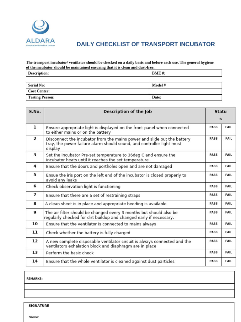 PPM Checklist of Transport Incubator | PDF