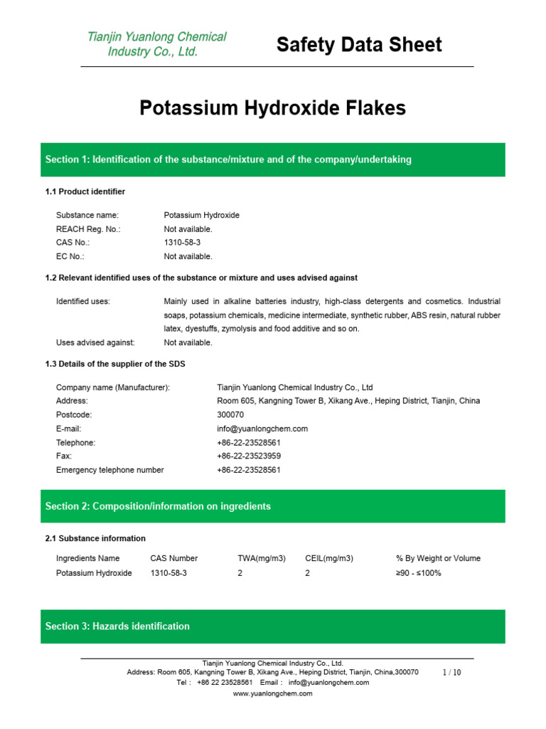 Potassium Hydroxide Flakes Safety Data Sheet | PDF | Water | Toxicity