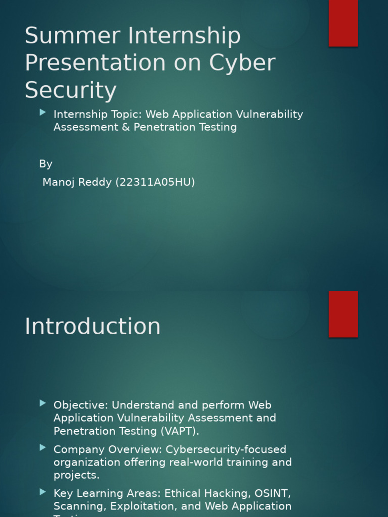 Cyber Security Internship Presentation 22311A05HU | PDF | Security | Computer Security
