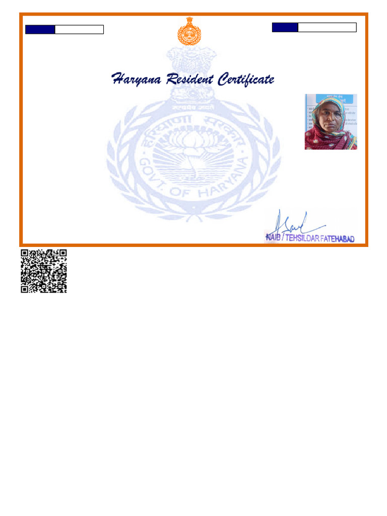 Haryana Resident Certificate for Ms. BIMLA DEVI | PDF