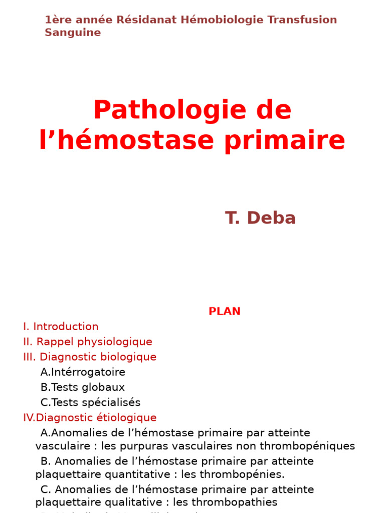 Anomalies de l'Hémostase Primaire | PDF | Thrombocyte | Coagulation