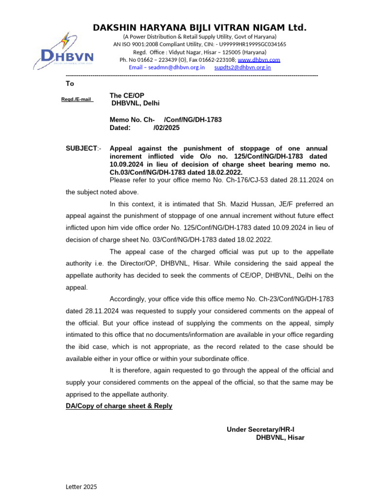 DHBVNL Employee Punishment Appeals Process | PDF