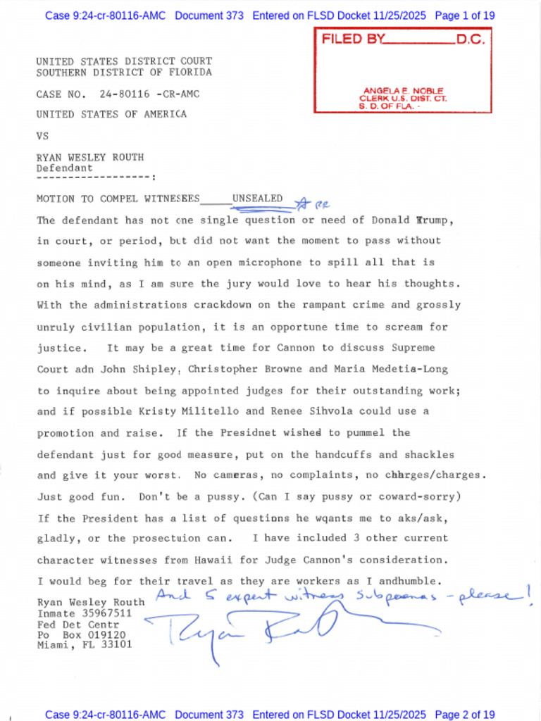 Ryan Routh MOTION TO COMPEL WITNESSES | PDF