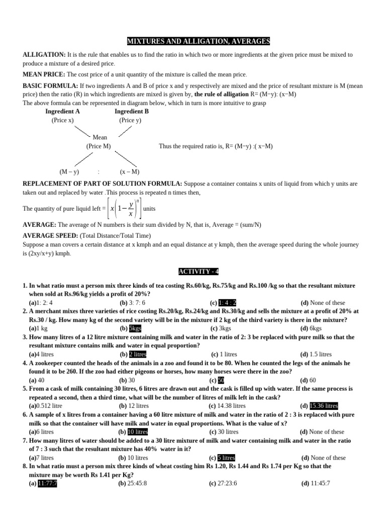 Activity 4 Mixtures, Alligations Trainer | PDF | Prices | Ratio