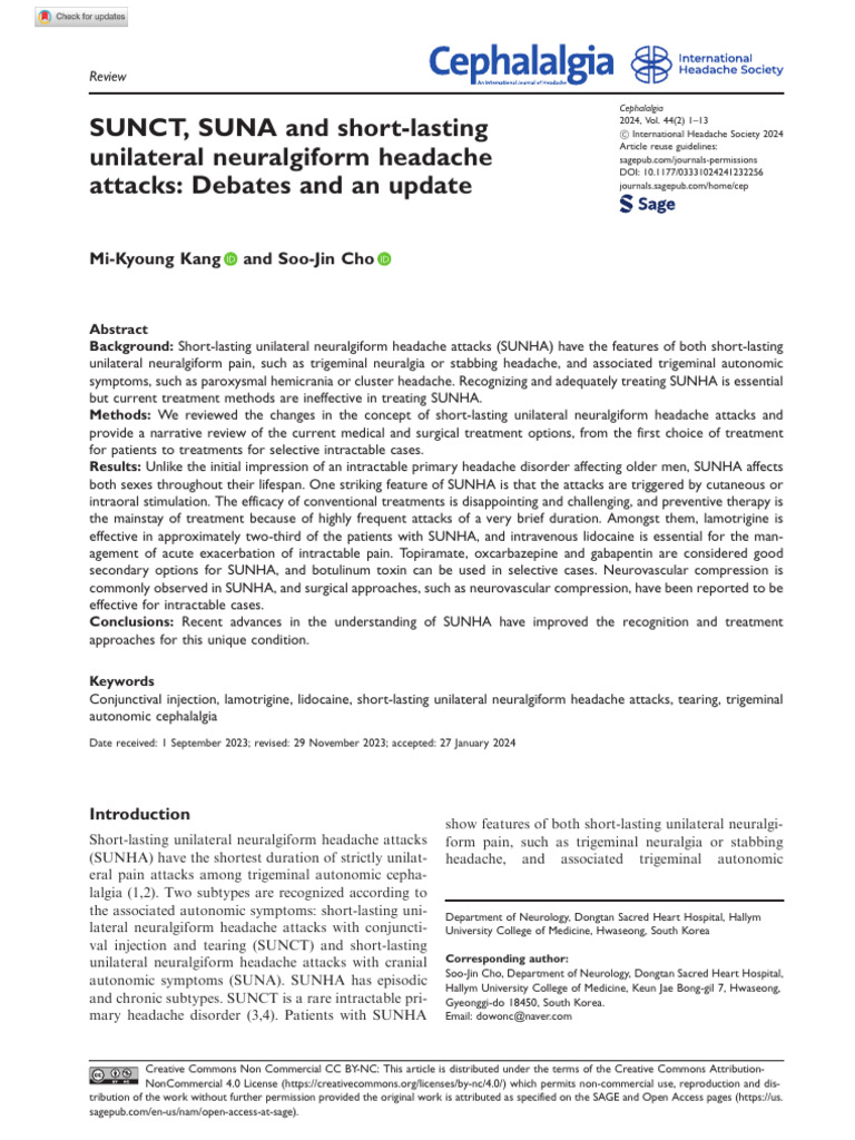 2024 Sunct Suna and Short Lasting Unilateral Neuralgiform Headache ...