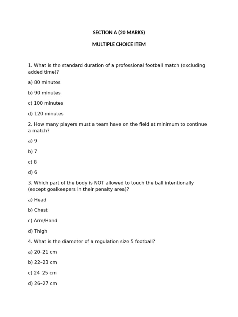 Football Match Rules and Procedures Quiz | PDF | Association Football ...