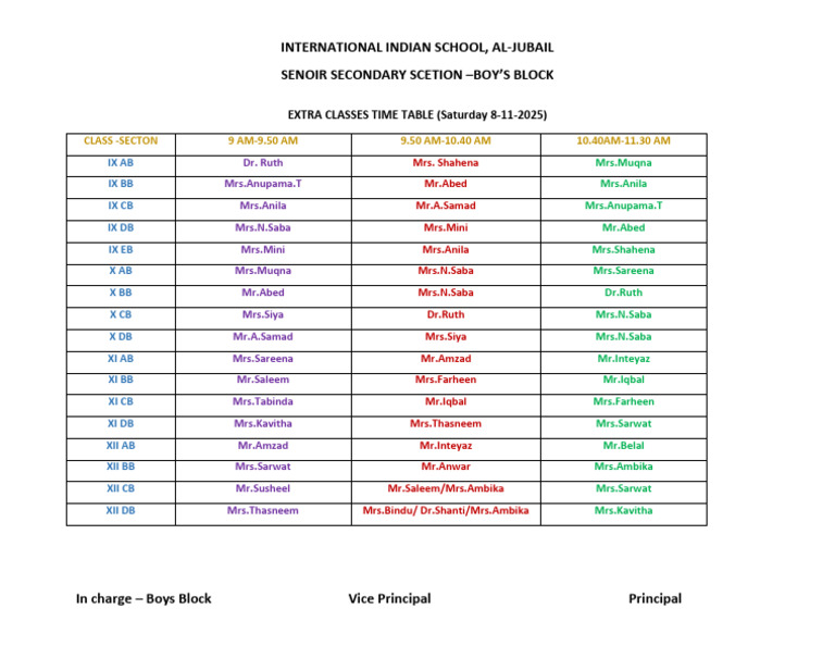 Extra Classes Time Table 8-11-2025 | PDF