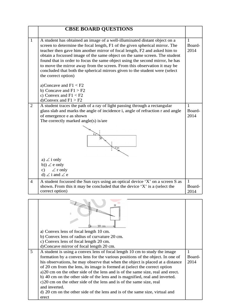 CBSE Board Physics Questions on Optics | PDF | Optics | Glass ...