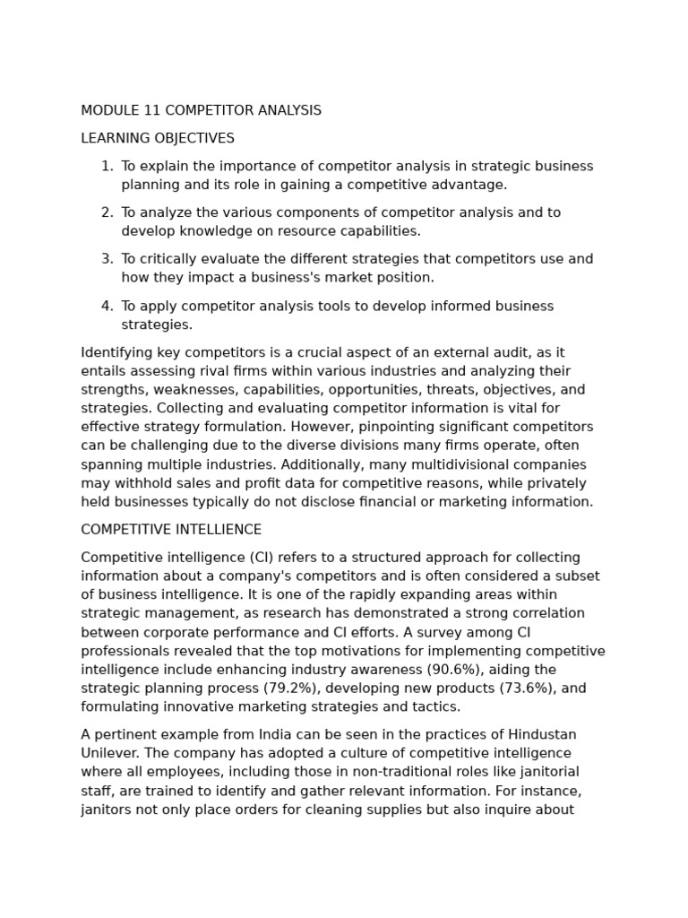 Module 11 Competitor Analysis | PDF | Strategic Management | Marketing ...
