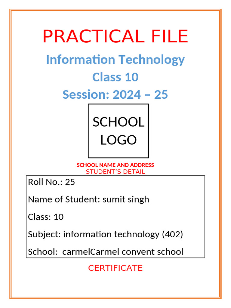 Information Technology Class 10 Session: 2024 - 25: Practical File | PDF