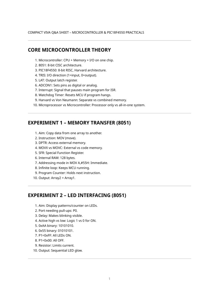 Microcontroller Viva Sheet Pdf Microcontroller Office Equipment
