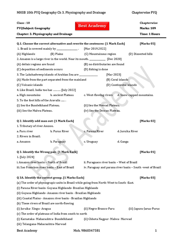 MHSB 10th PYQ Geography CH 3. Physiography and Drainage | PDF ...