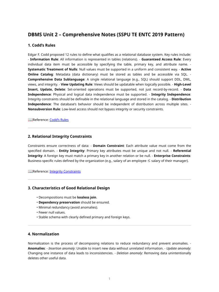 DBMS Unit 2 Notes: Codd's Rules & Normalization | PDF | Relational ...