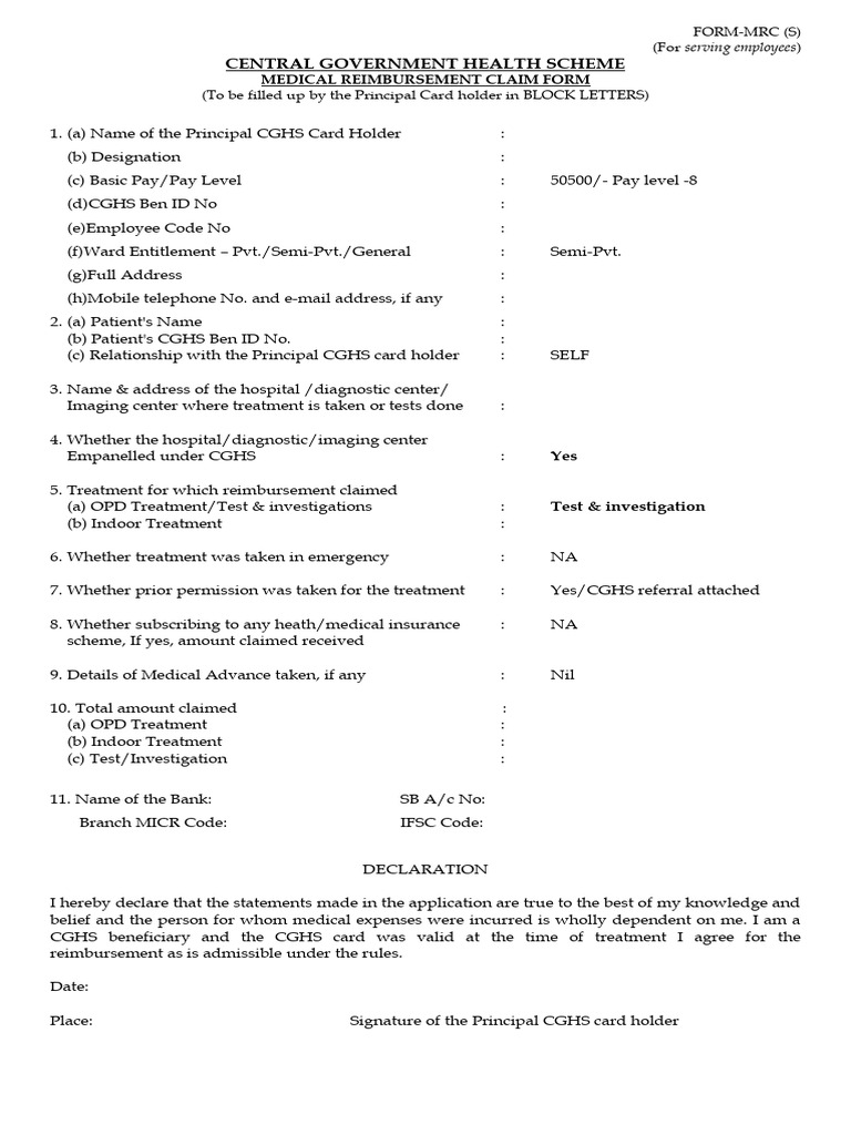 CGHS Medical Reimbursement Claim Form | PDF