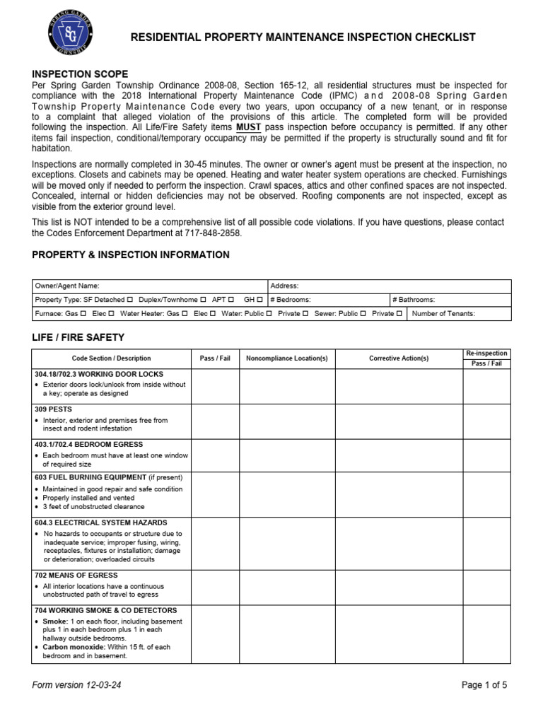 Residential Property Inspection Checklist | PDF | Fire Safety | Water ...