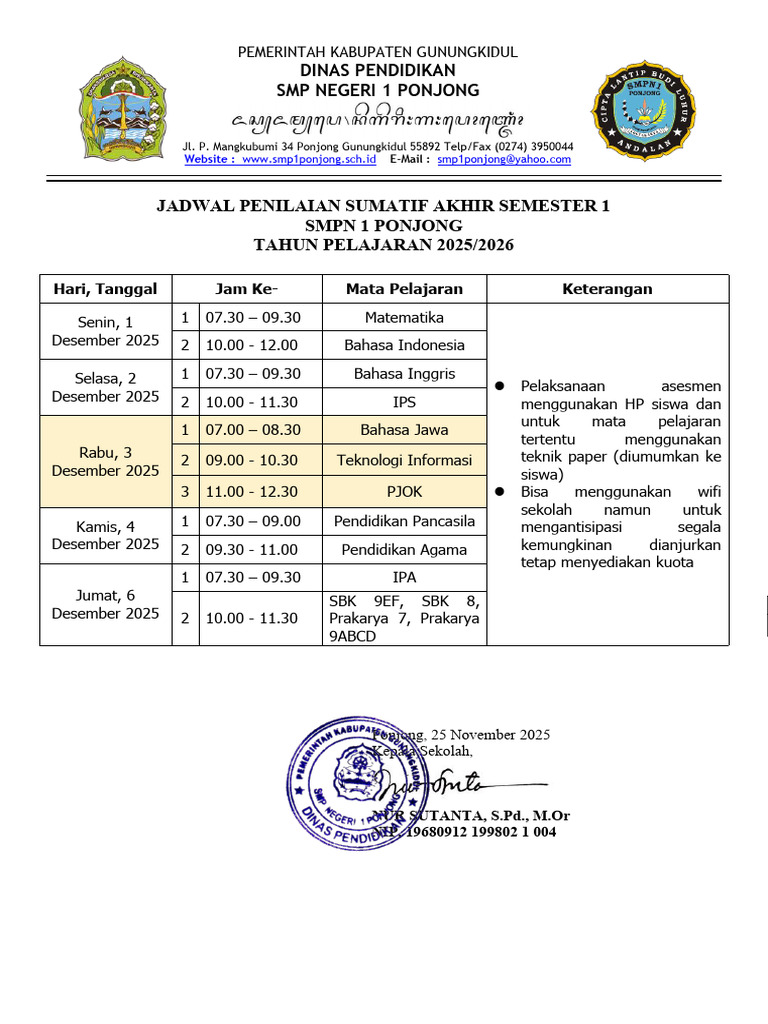 Jadwal Penilaian Akhir Semester SMPN 1 Ponjong | PDF