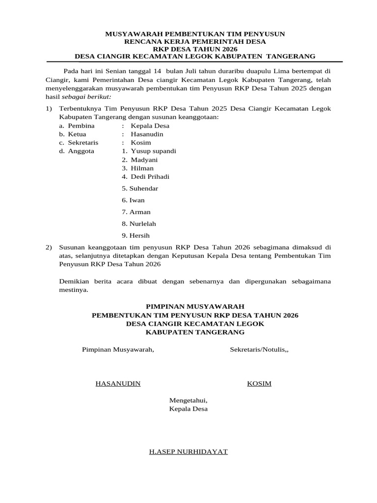 Form 1. BA. Pembentukan Tim Penyusun RKP Desa | PDF