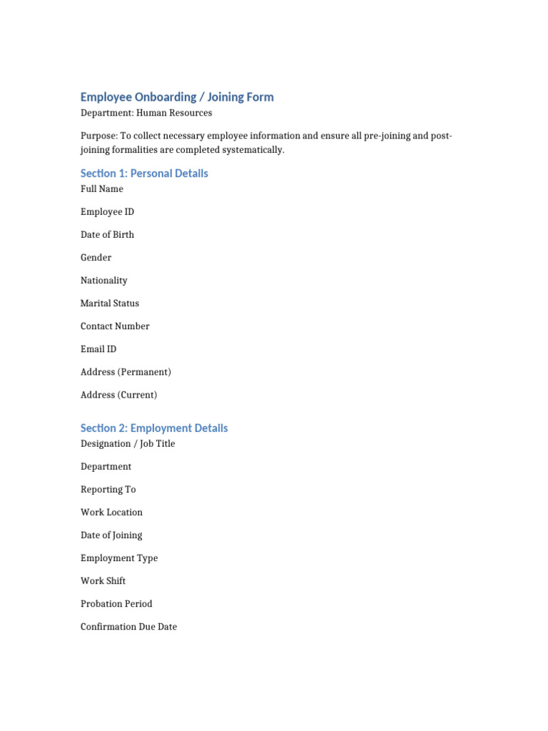 Employee Onboarding Joining Form | PDF