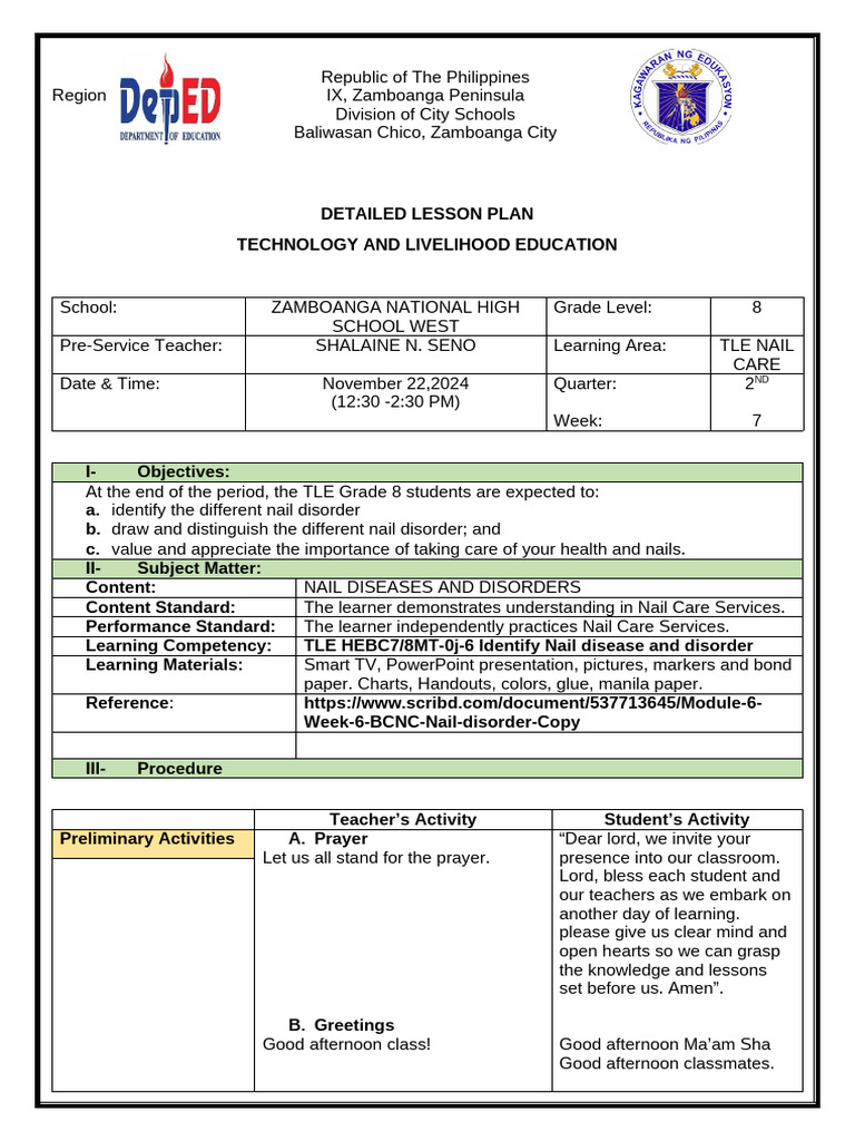 Grade 8 TLE Lesson Plan: Nail Care | PDF | Nail (Anatomy) | Chronic ...
