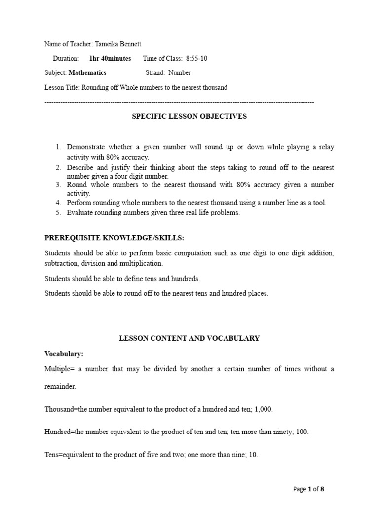 Rounding Whole Numbers Lesson Plan | PDF | Numbers | Integer