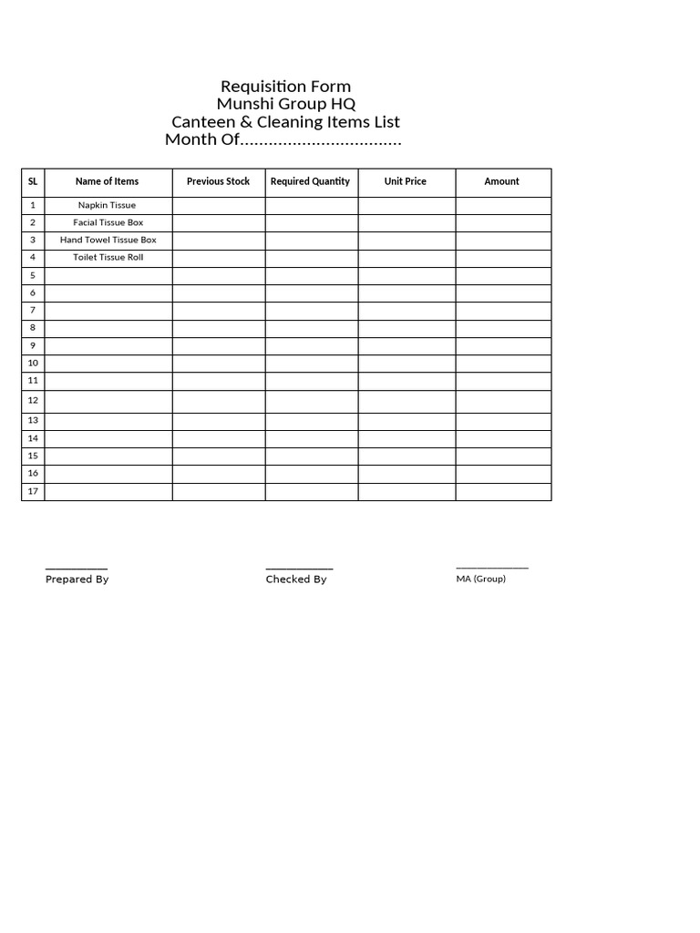Canteen & Cleaning Items Requisition List | PDF