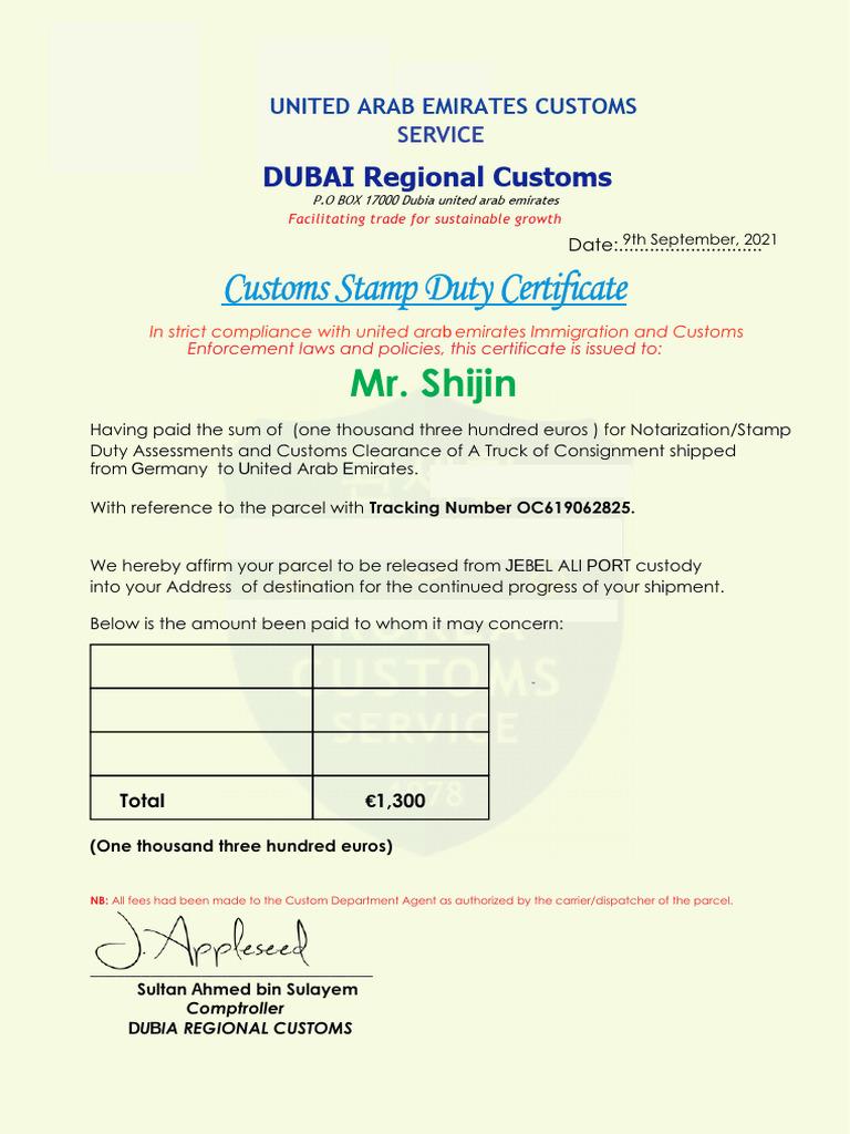 Customs Duty Certificate for UAE Shipment | PDF