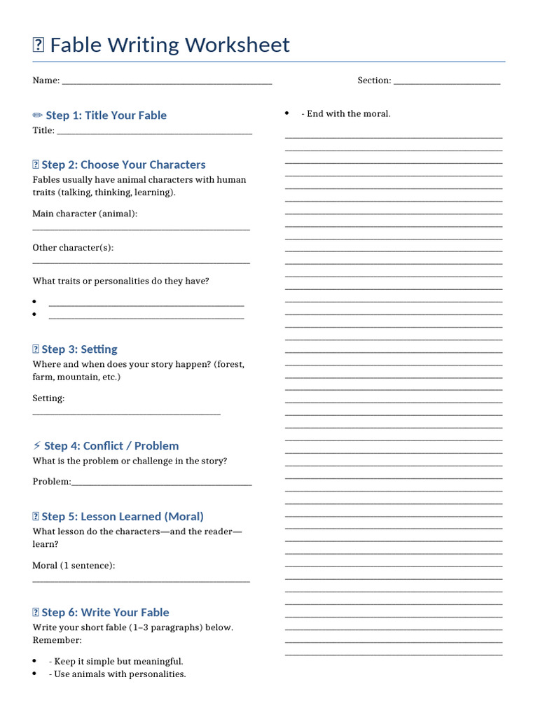 Fable Writing Worksheet | PDF | Fable