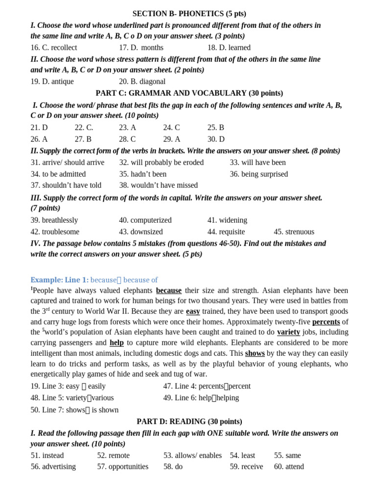 Phonetics and Grammar Practice Test | PDF | Elephant | Grammar