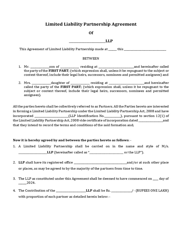 LLP Agreement Template 5 | PDF | Limited Liability Partnership ...