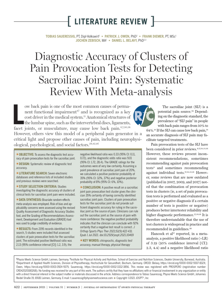 SIJ Pain Test Accuracy Review | PDF | Systematic Review | Sensitivity ...