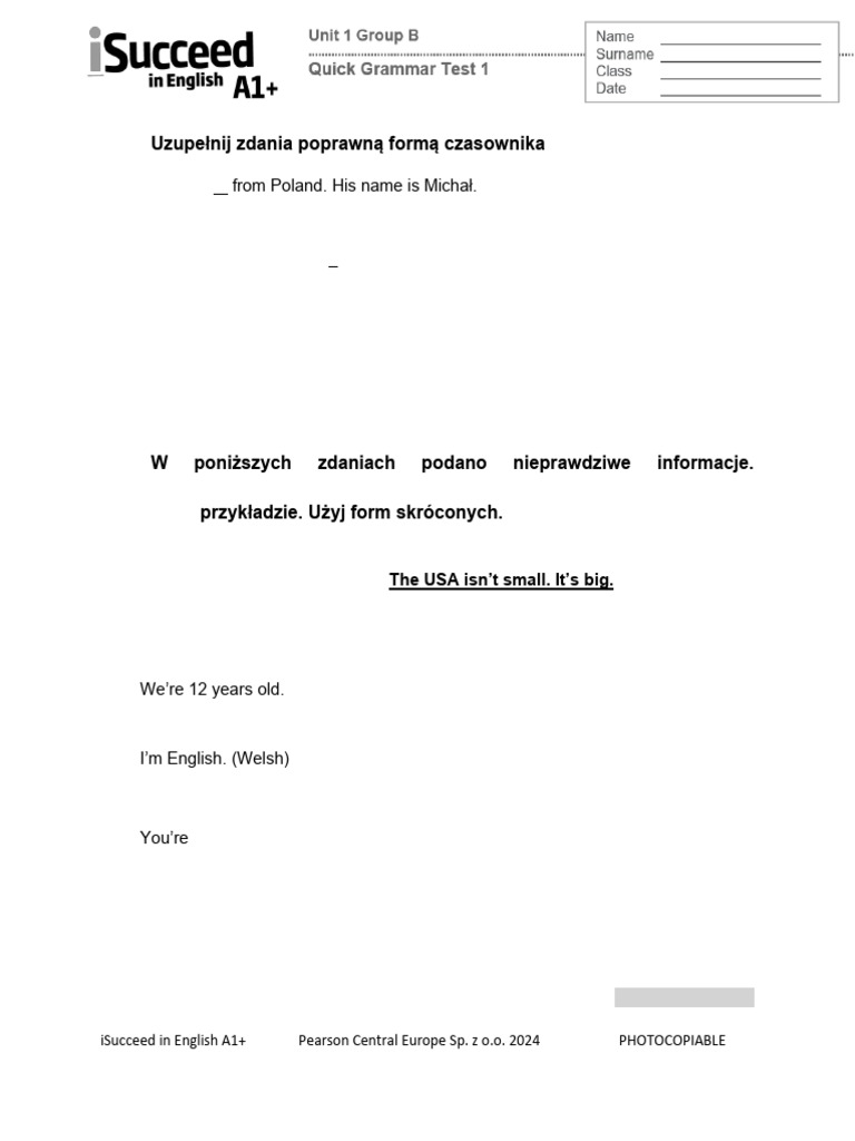 Unit 1 - Quick Grammar Test 1 - Group B | PDF