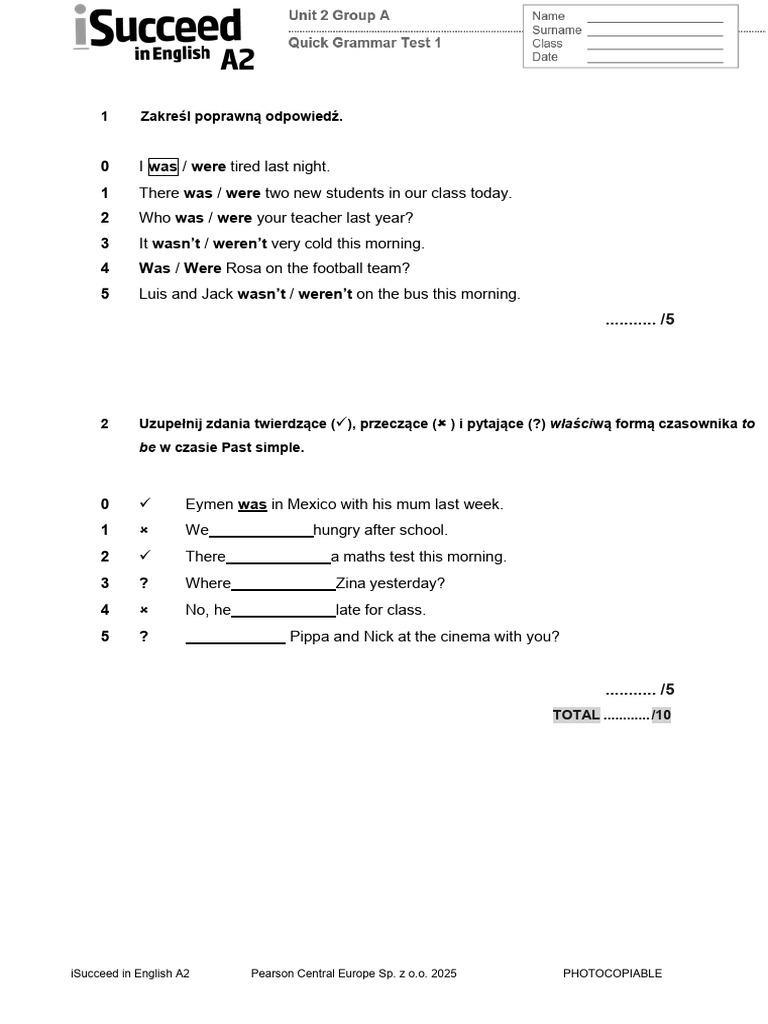 Unit 2 - Quick Grammar Test 1 - Group A | PDF