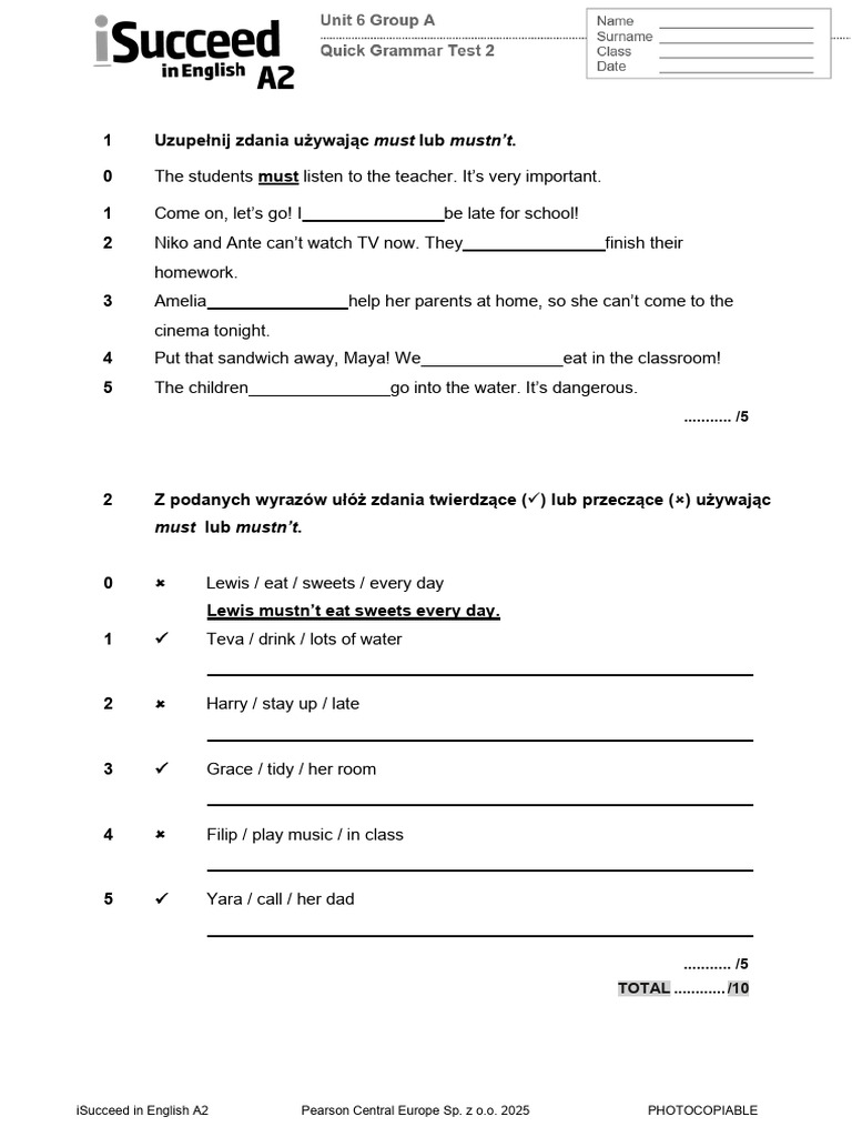 Unit 6 - Quick Grammar Test 2 - Group A | PDF
