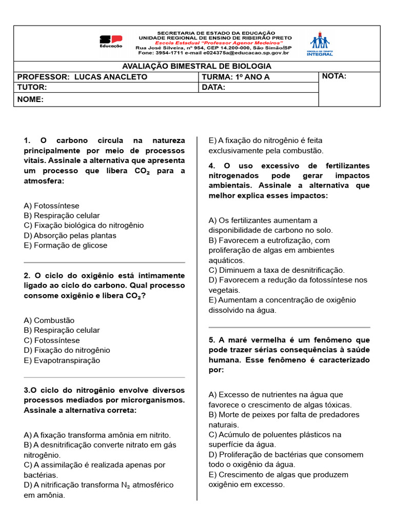AV DE BIOLOGIA 1º ANO - LUCAS | PDF | Nitrogênio | Fertilizante