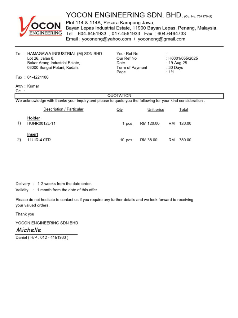 Quotation For Holder HUNR0012L-11 & Insert 11UIR-4.0TR | PDF