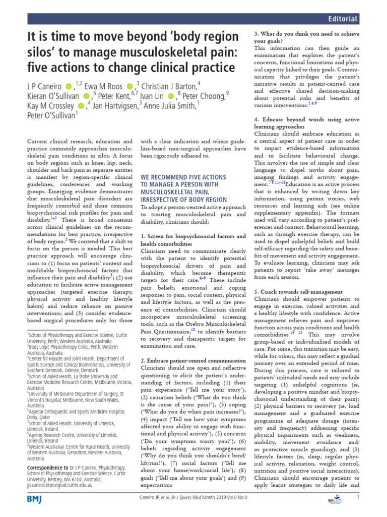 2018 It Is Time To Move Beyond Body Region Silos' To Manage Musculoskeletal Pain Five Actions To ...