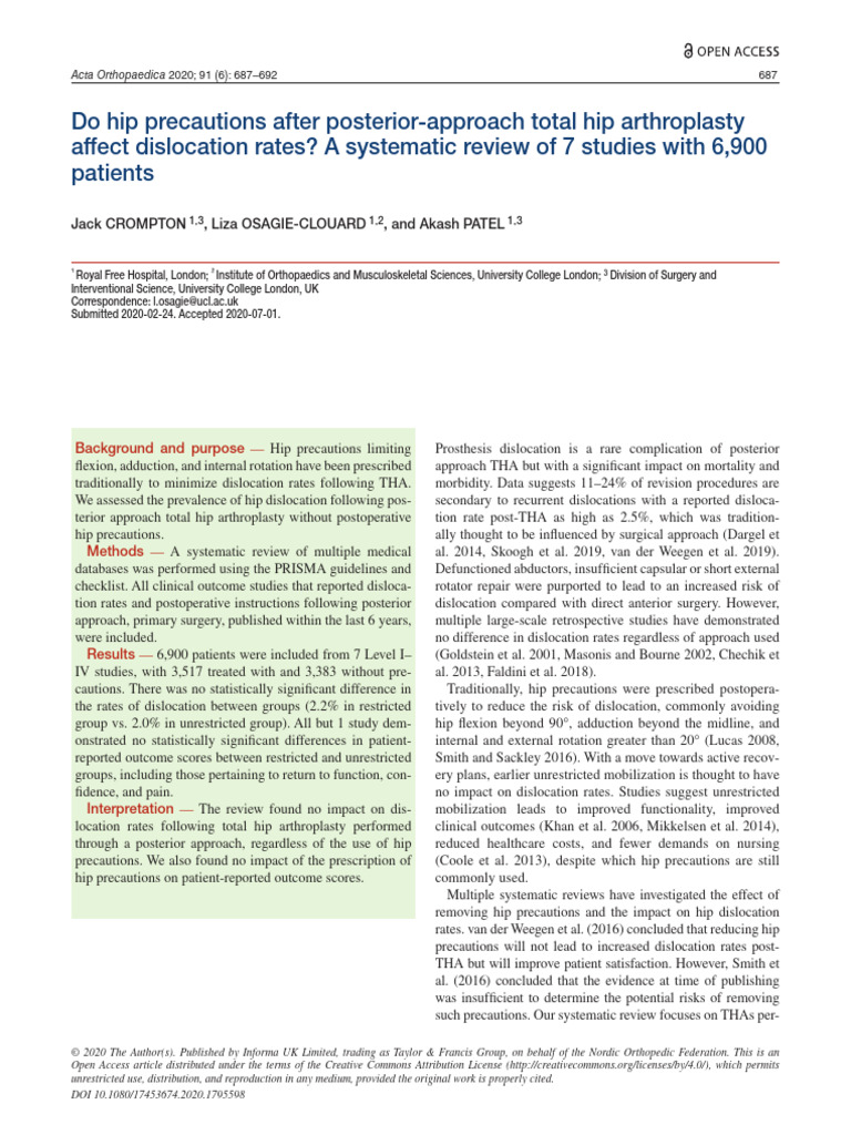 Do Hip Precautions After Posterior-Approach Total Hip Arthroplasty ...