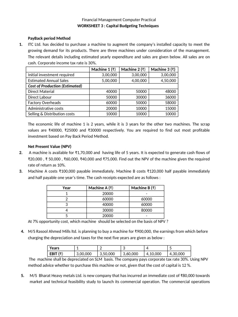 Capital Budgeting Worksheet 3 | PDF | Internal Rate Of Return | Net ...