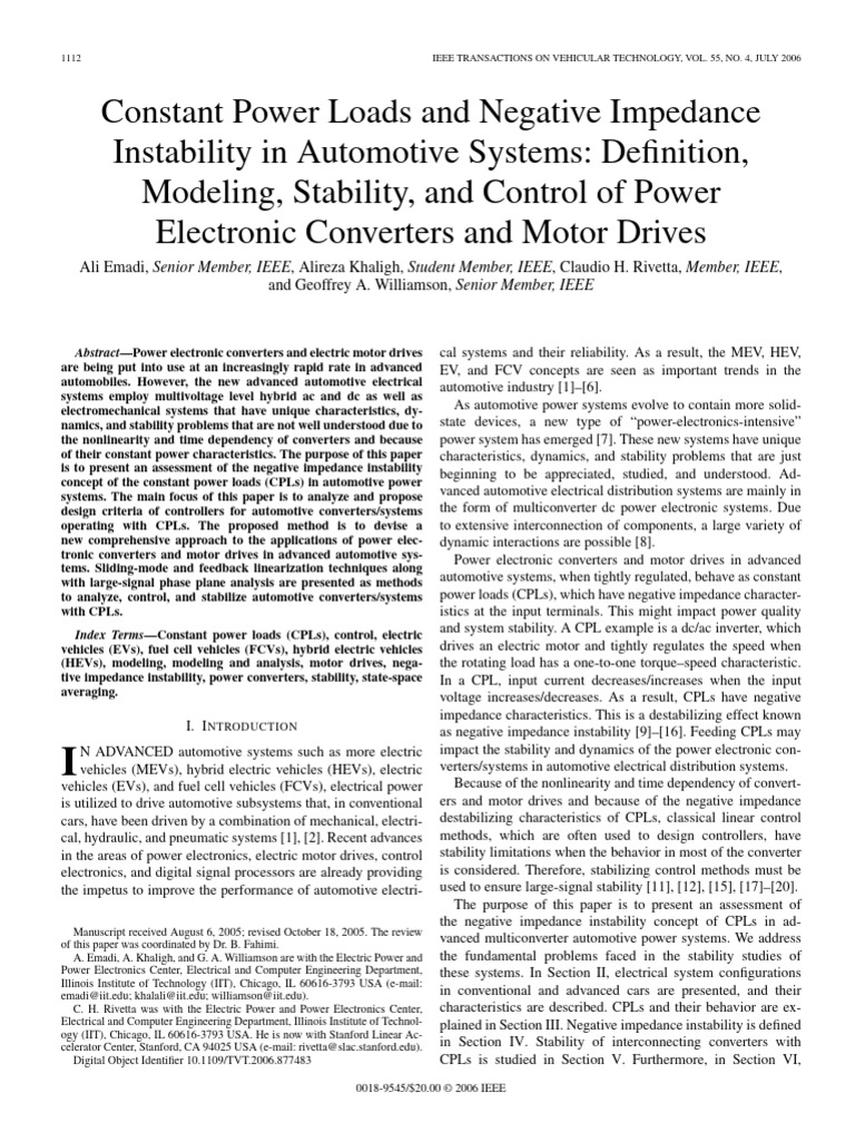 Constant Power Loads and Negative Impedance Instability in Automotive ...