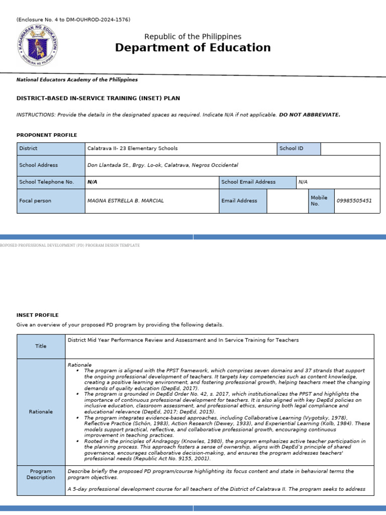 District Based INSET Plan.docx Final | PDF | Educational Assessment ...