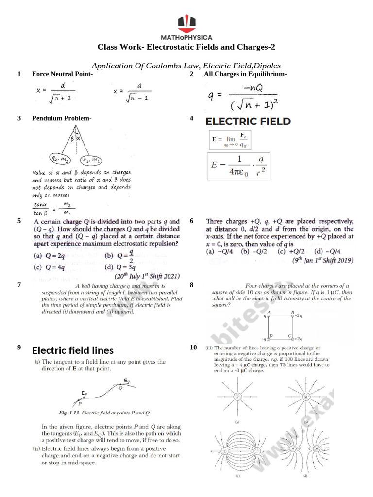 01.CLASSWORK FIELD and CHARGE-2 Application of Coulombs Law, Electric Field, Dipoles | PDF