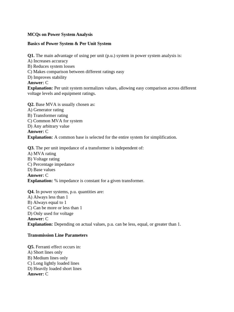 MCQs On Power System Analysis | PDF | Transformer | Electric Power Transmission