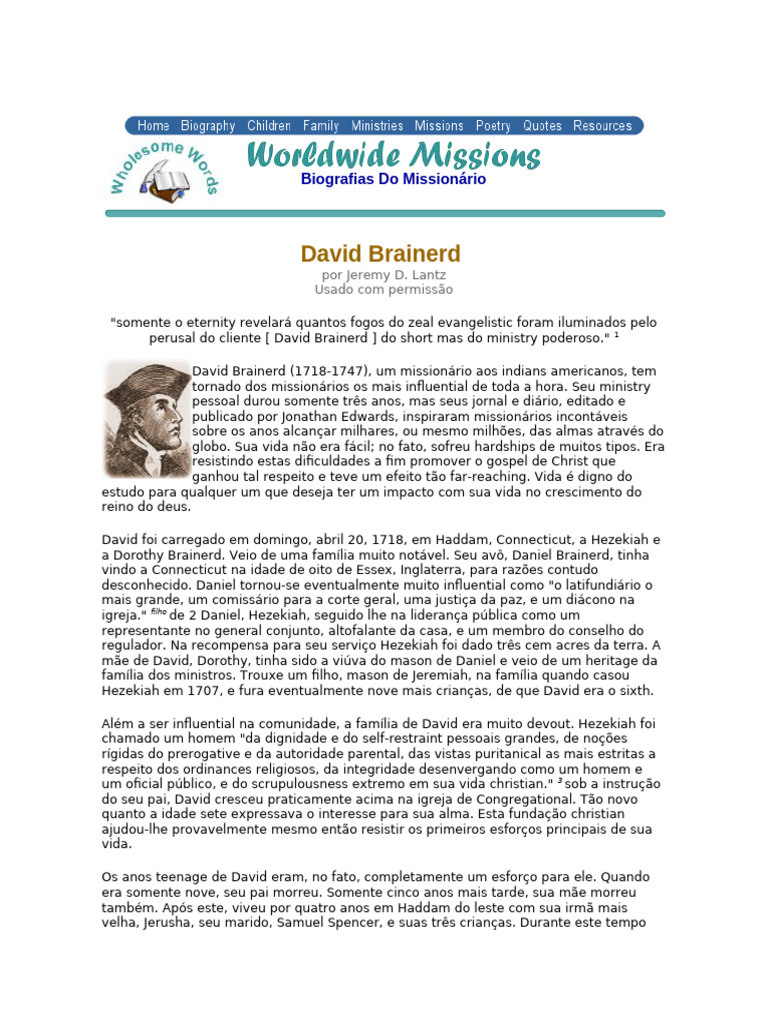 Biografia de David Brainerd: Missionário Influente | PDF | Davi | Família