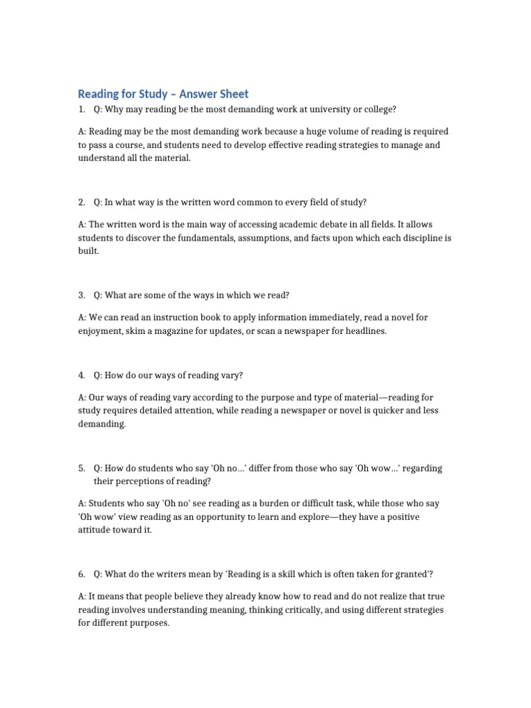 Reading For Study Answer Sheet | PDF | Evidence | Truth