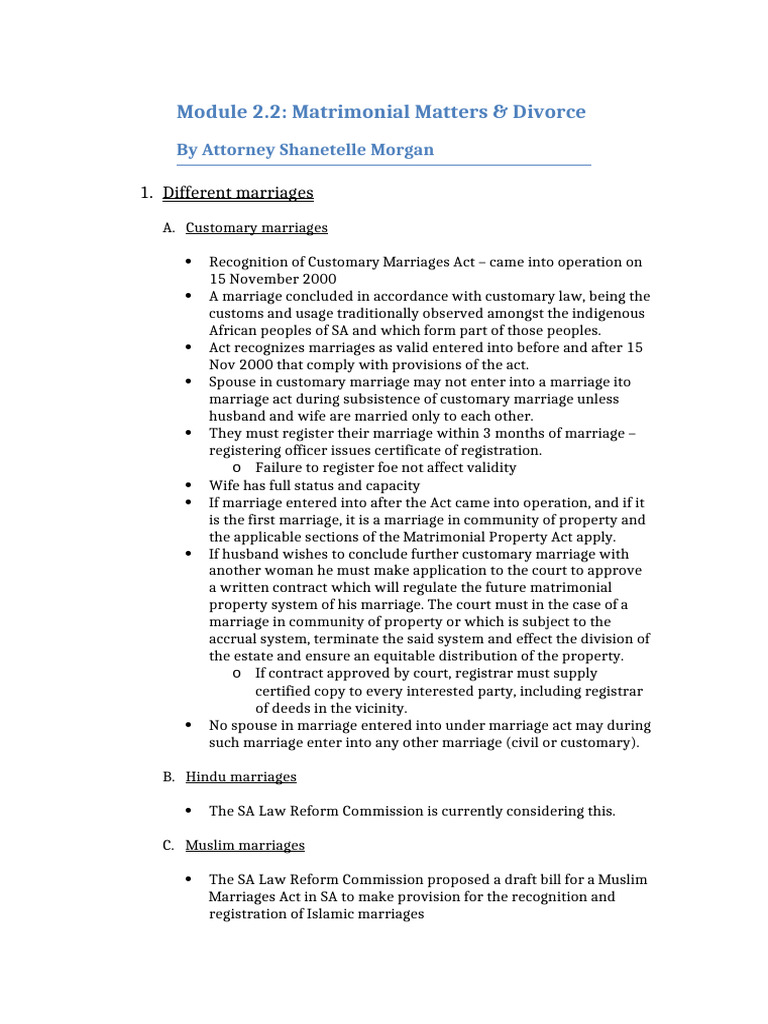 Summary - Matrimonial Matters & Divorce | PDF | Marriage | Civil Union