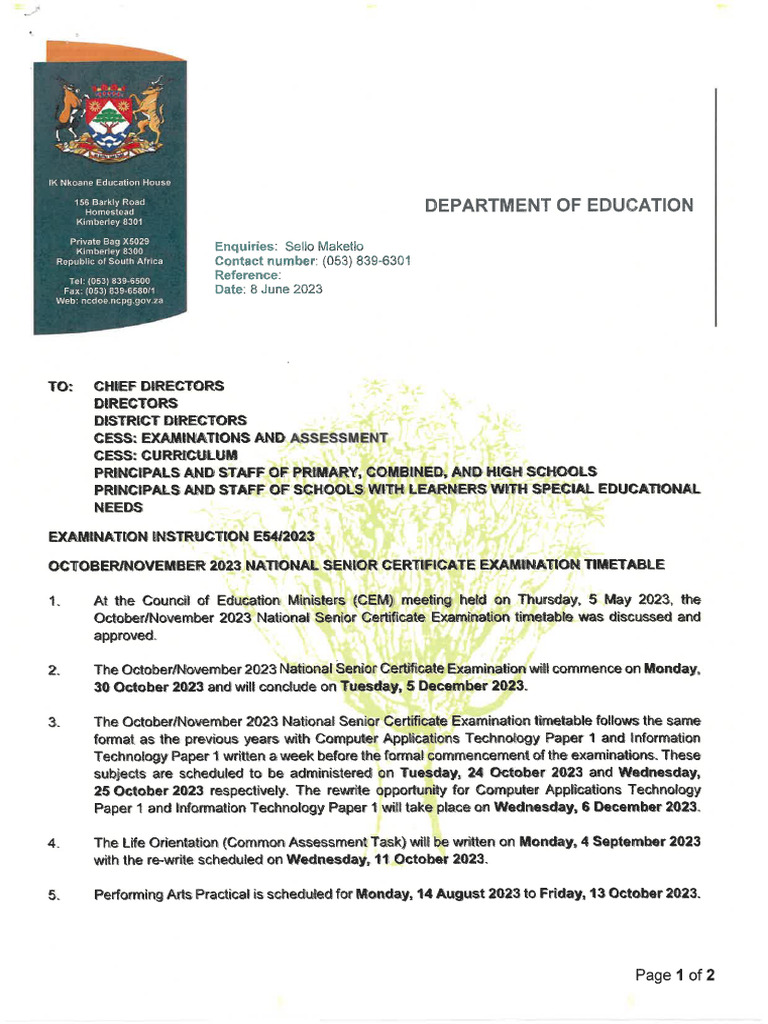 E54 - Oct - Nov 2023 NSC Exam Timetable | PDF